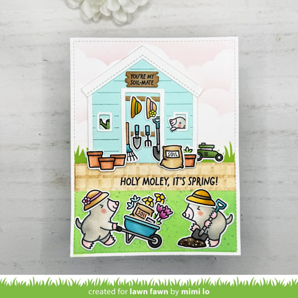 Mimi's Clever Garden Shed Card Featuring A Mole Lot of Flowers - Lawn Fawn