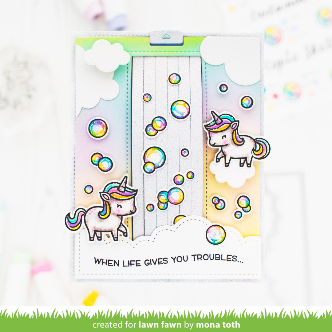 Mona's Unicorn and Bubbles Over the Rainbow Card - Lawn Fawn