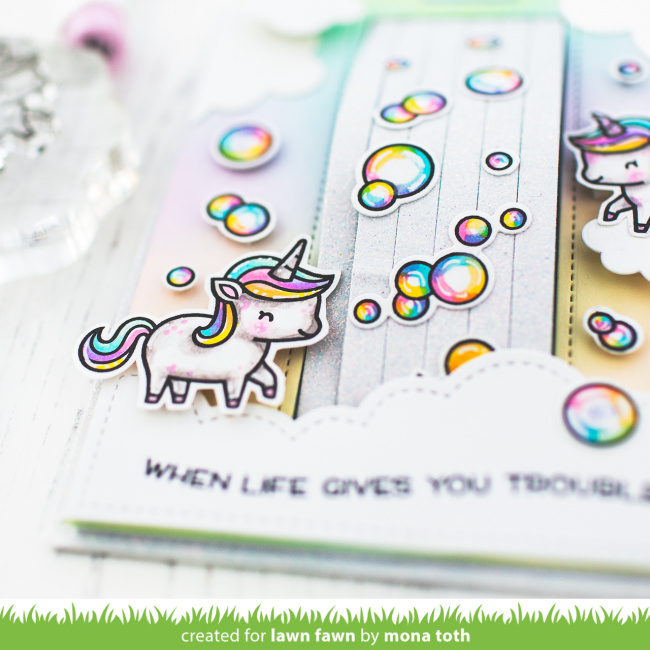 Mona's Unicorn and Bubbles Over the Rainbow Card - Lawn Fawn